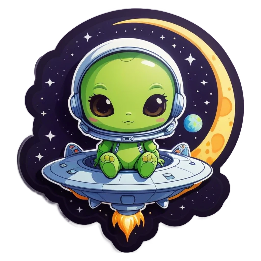 Cute chibi alien on a spaceship to the moon 卡通 贴纸, 下载 PNG | UltraSticker